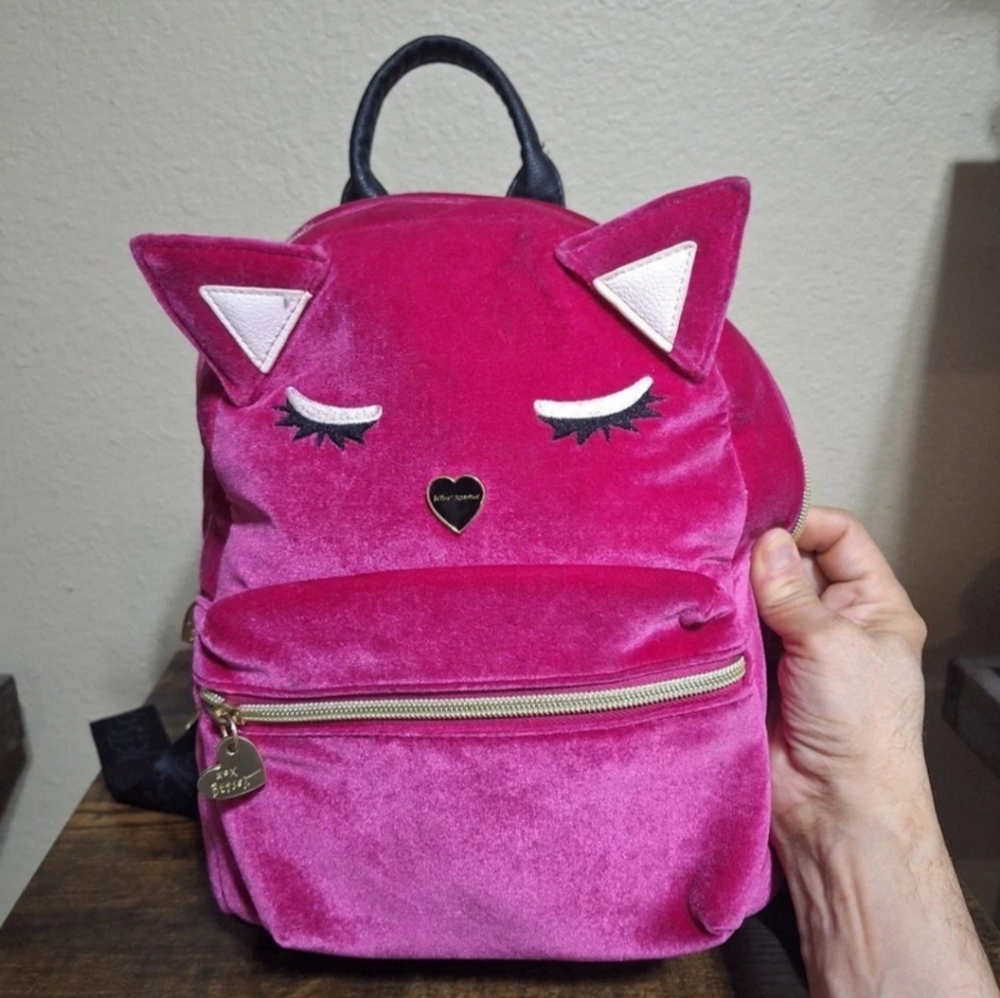 Betsey Johnson Hot Pink Velvet Cat Backpack Shoulder … - Gem